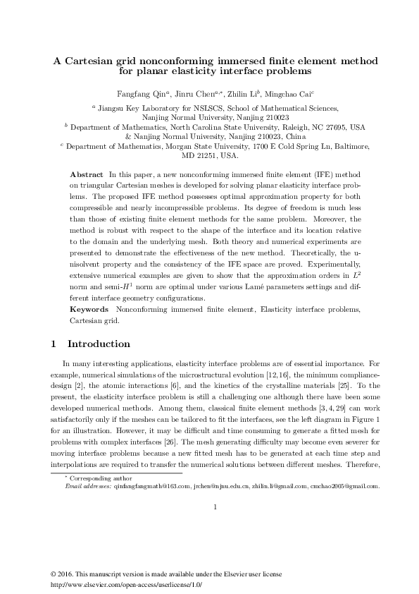Pdf A Cartesian Grid Nonconforming Immersed Finite Element Method For Planar Elasticity 