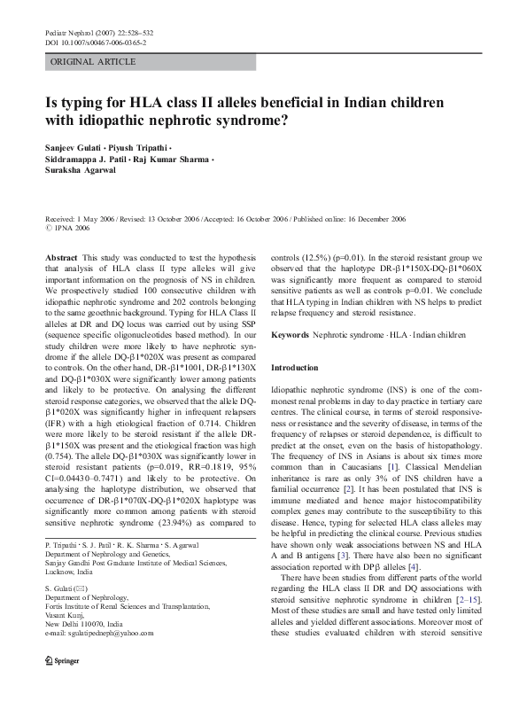 (PDF) Is typing for HLA class II alleles beneficial in Indian children with idiopathic nephrotic ...