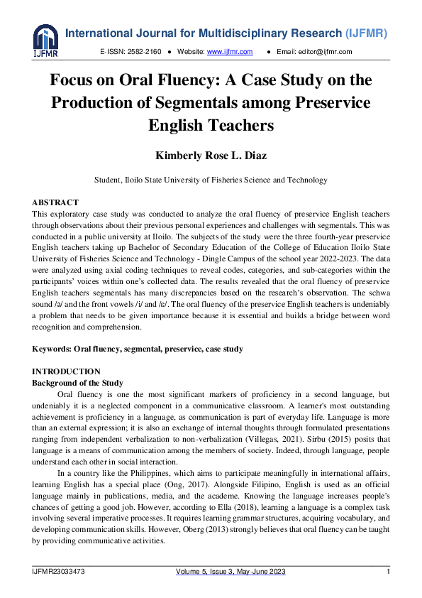 (PDF) Focus on Oral Fluency: A Case Study on the Production of Segmentals among Preservice ...