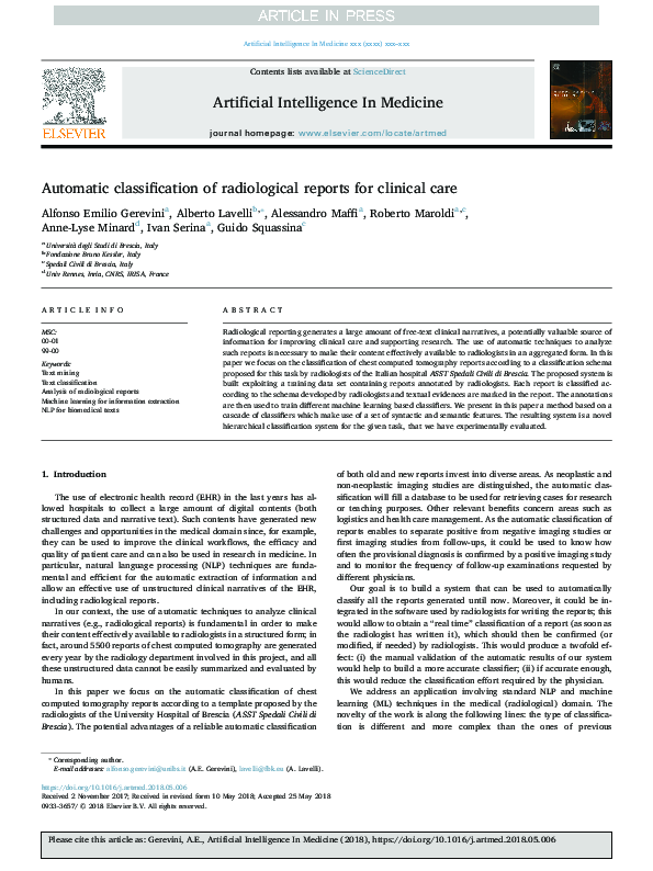 (PDF) Automatic classification of radiological reports for clinical care
