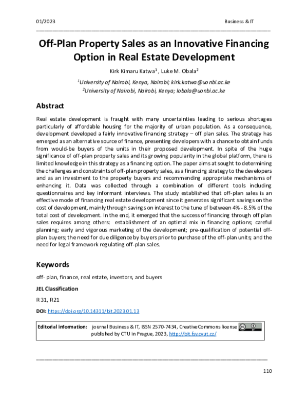 (PDF) Off-plan property sales as an innovative financing option in real ...