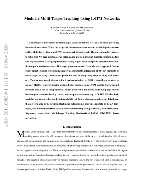 (PDF) Modular Multi Target Tracking Using LSTM Networks