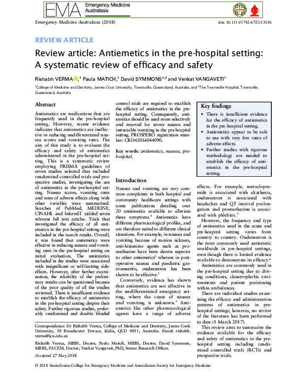 (PDF) Review article: Antiemetics in the pre‐hospital setting: A systematic review of efficacy ...