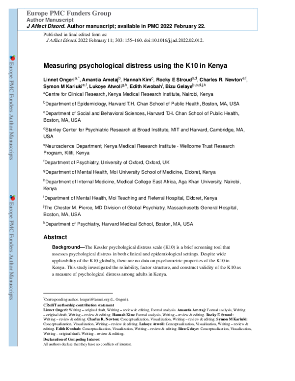 (PDF) Measuring psychological distress using the K10 in Kenya