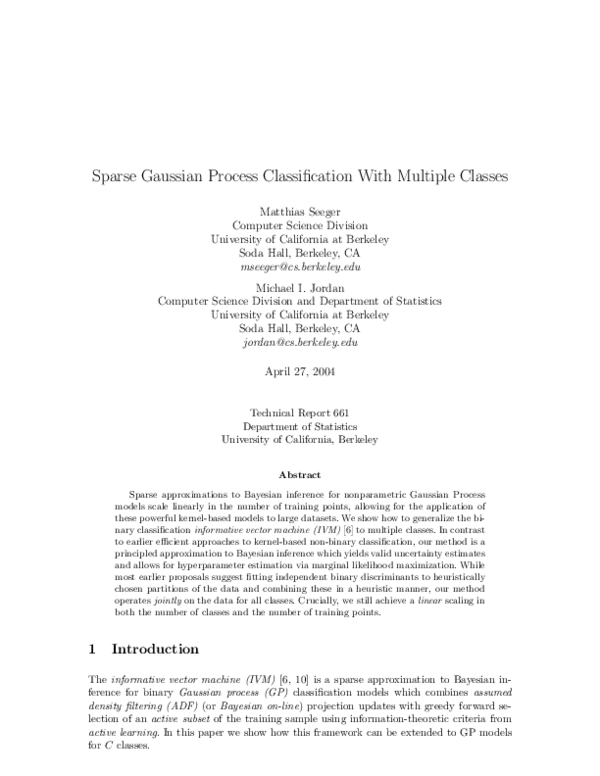 Pdf Sparse Gaussian Process Classification With Multiple Classes