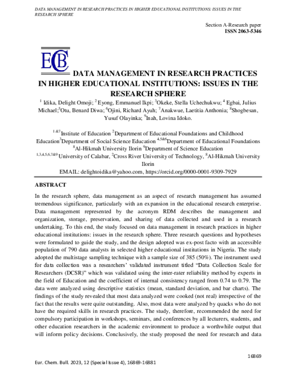 Pdf Data Management In Research Practices In Higher Educational Institutions Issues In The