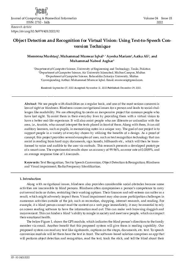 (PDF) Object Detection and Recognition for Virtual Vision: Using Text-to-Speech Conversion Technique
