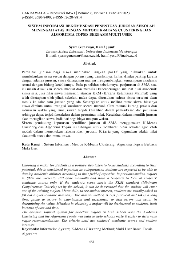 Pdf Sistem Informasi Rekomendasi Penentuan Jurusan Sekolah Menengah Atas Dengan Metode K Means 