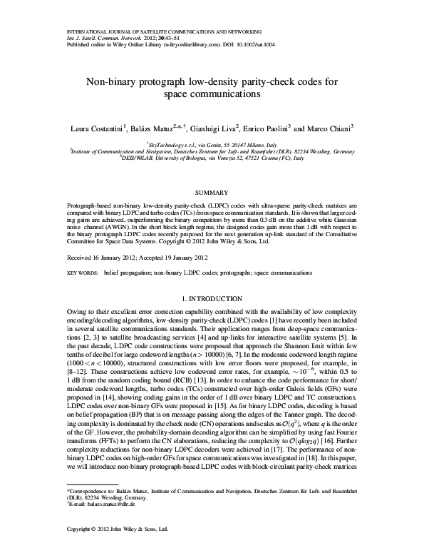 (PDF) Non-binary protograph low-density parity-check codes for space communications
