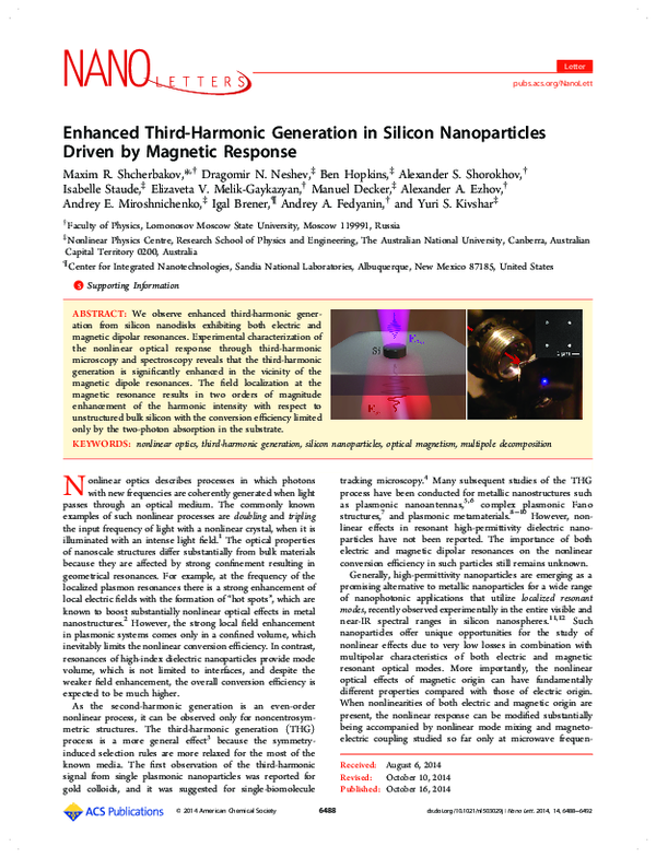 (PDF) Enhanced Third-Harmonic Generation in Silicon Nanoparticles Driven by Magnetic Response
