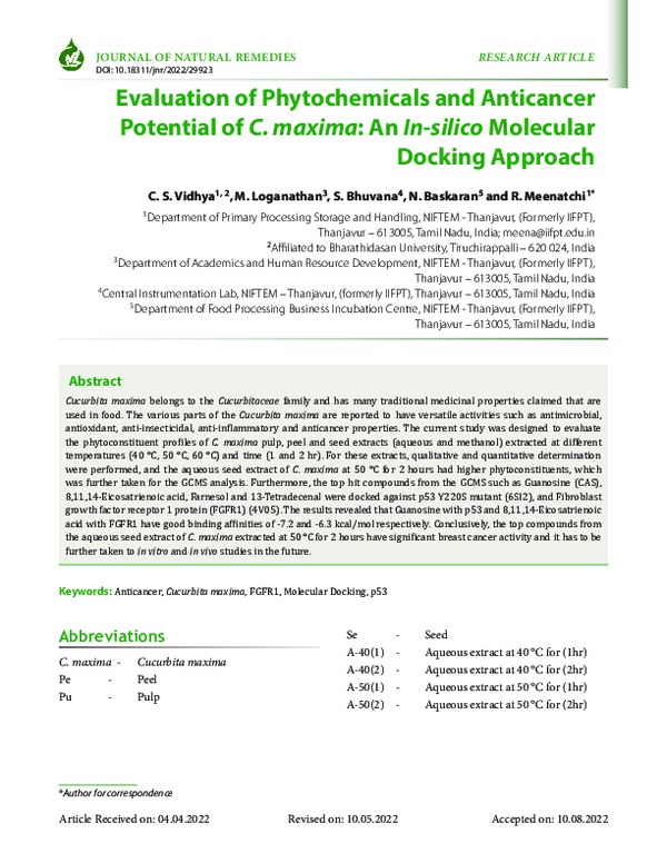 (PDF) Evaluation of Phytochemicals and Anticancer Potential of C. maxima: An In-silico Molecular ...