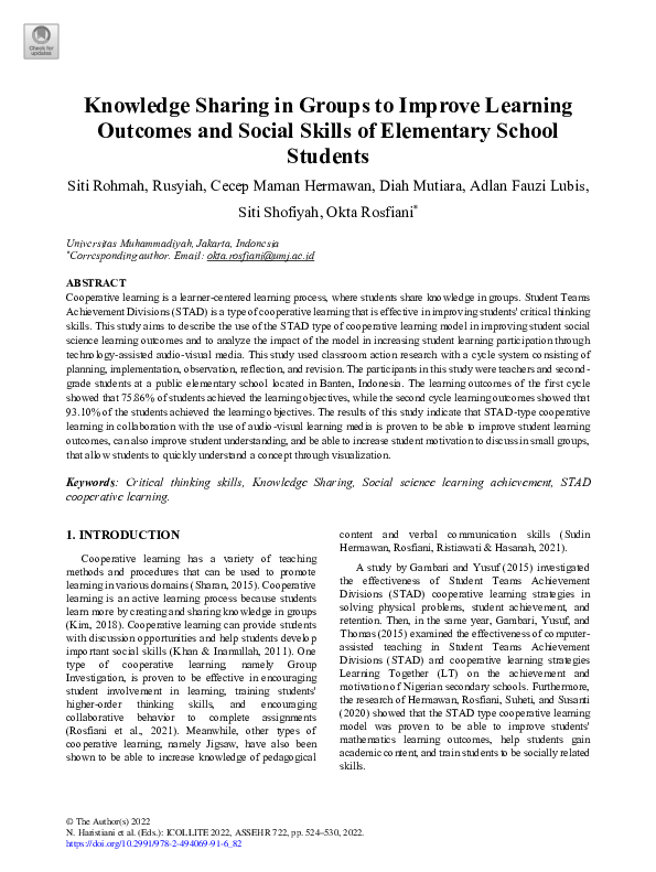 (PDF) Knowledge Sharing in Groups to Improve Learning Outcomes and Social Skills of Elementary ...
