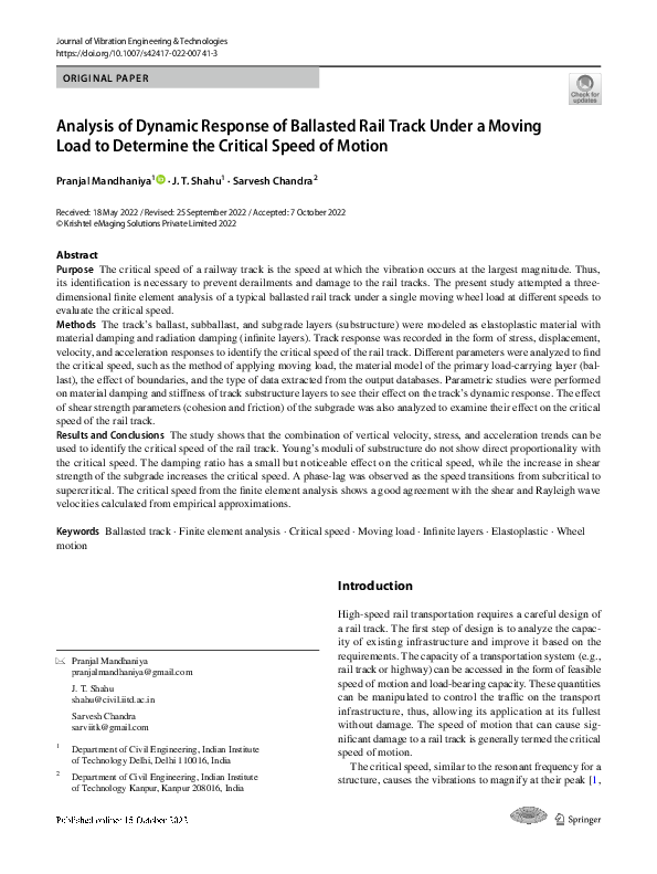 (PDF) Analysis of Dynamic Response of Ballasted Rail Track Under a Moving Load to Determine the ...