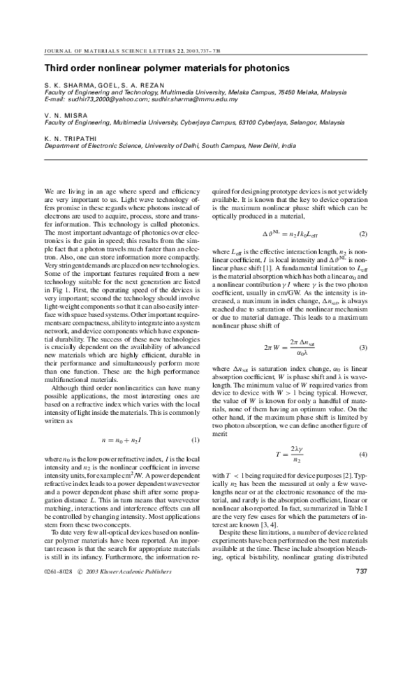 (PDF) Third order nonlinear polymer materials for photonics | sk sharma - Academia.edu