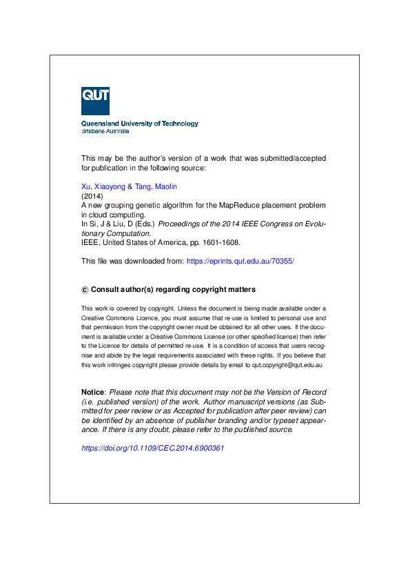 (PDF) A new grouping genetic algorithm for the MapReduce placement problem in cloud computing
