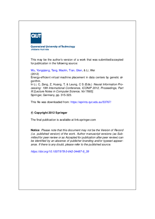 Pdf Energy Efficient Virtual Machine Placement In Data Centers By Genetic Algorithm
