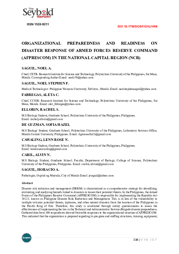 (PDF) ORGANIZATIONAL PREPAREDNESS AND READINESS ON DISASTER RESPONSE OF ARMED FORCES RESERVE ...