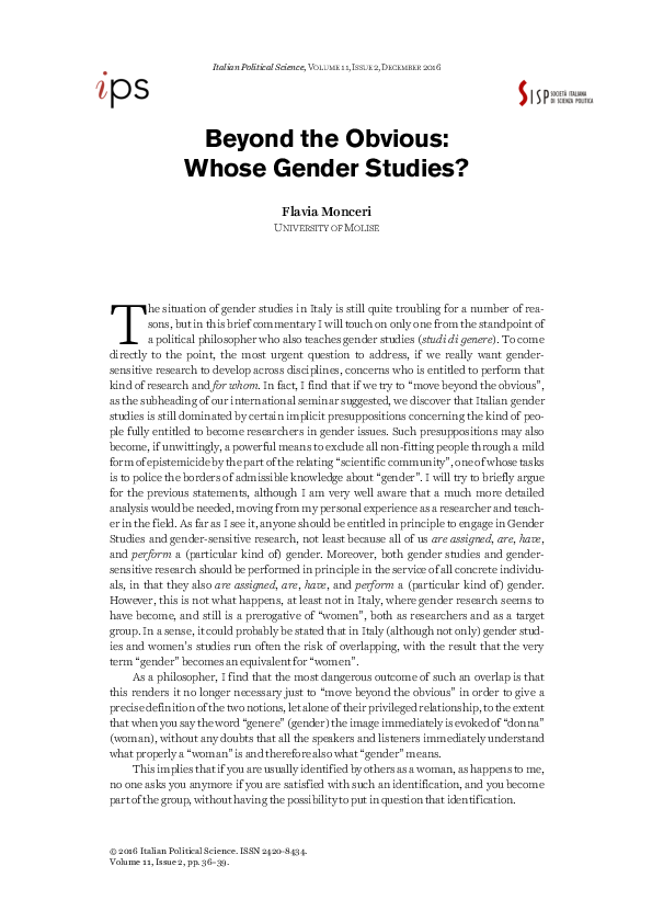 (PDF) Beyond the Obvious: Whose Gender Studies? | Flavia Monceri ...