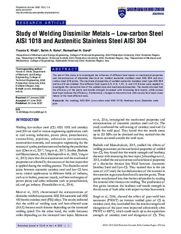 (PDF) Study of Welding Dissimilar Metals – Low-carbon Steel AISI 1018 ...