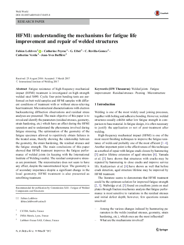 (PDF) HFMI: understanding the mechanisms for fatigue life improvement and repair of welded ...