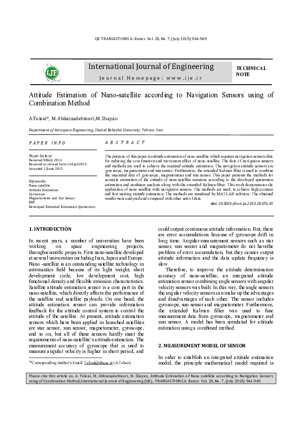 Pdf Attitude Estimation Of Nano Satellite According To Navigation