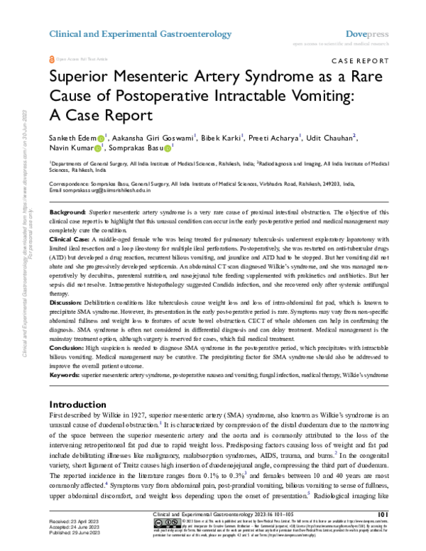 (PDF) Superior Mesenteric Artery Syndrome as a Rare Cause of ...