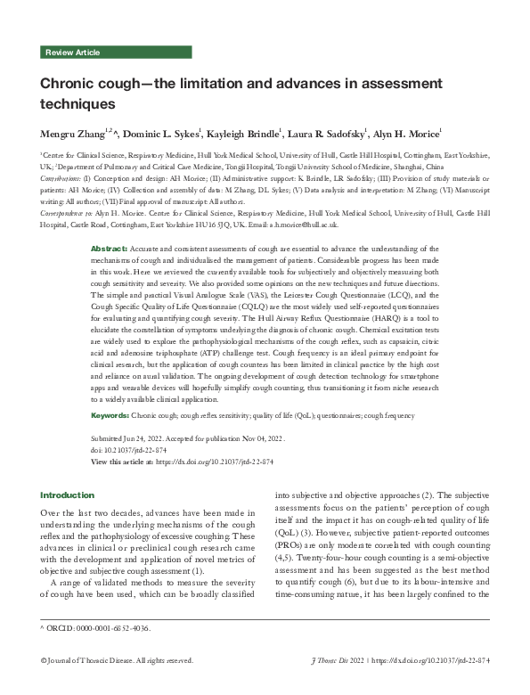 (PDF) Chronic cough—the limitation and advances in assessment techniques