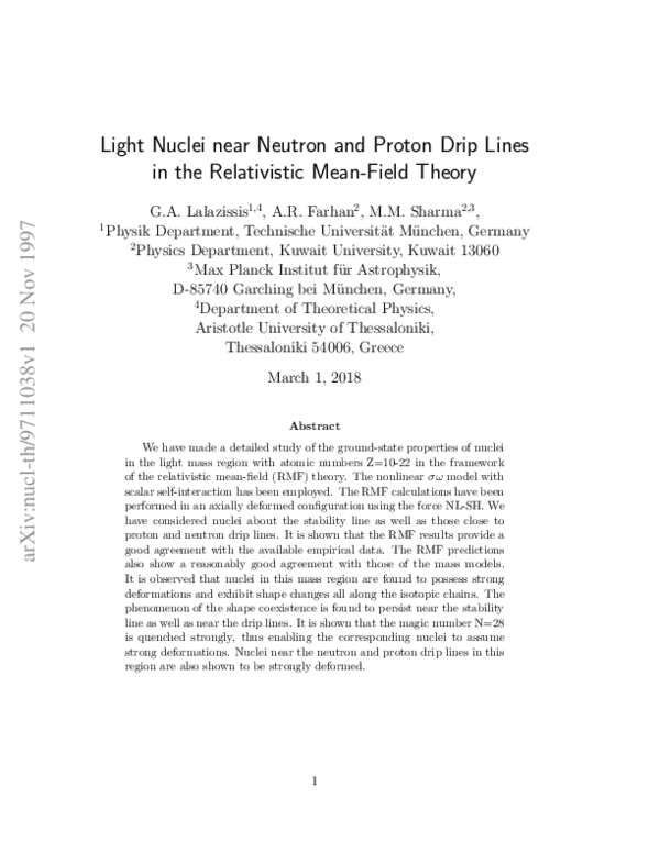 (PDF) Light nuclei near neutron and proton drip lines in relativistic ...