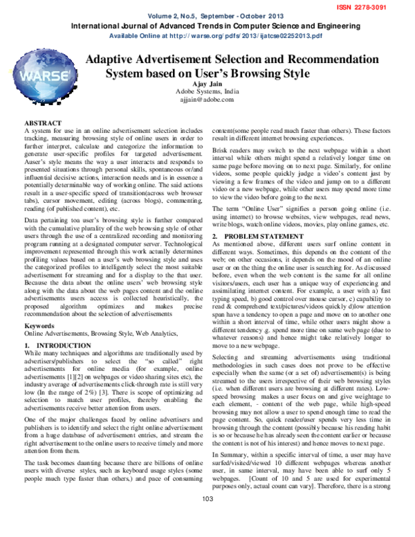 (PDF) Adaptive Advertisement Selection and Recommendation System based ...