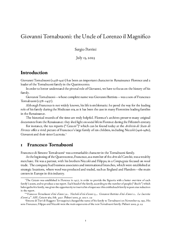 (PDF) Giovanni Tornabuoni: the Uncle of Lorenzo de' Medici, the Magnificent