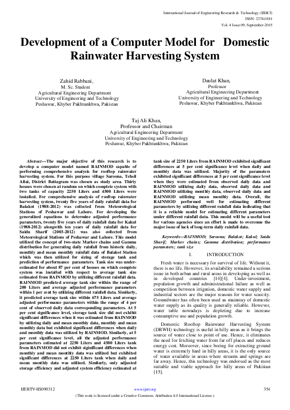(PDF) Development of a Computer Model for Domestic Rainwater Harvesting ...