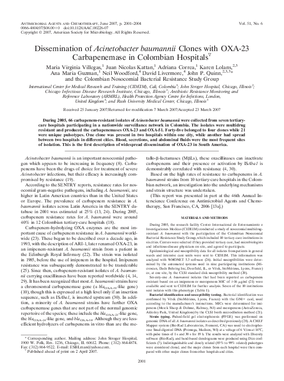(PDF) Dissemination of Acinetobacter baumannii Clones with OXA-23 Carbapenemase in Colombian ...