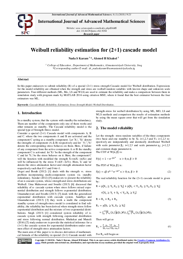 (PDF) Weibull reliability estimation for (2+1) cascade model