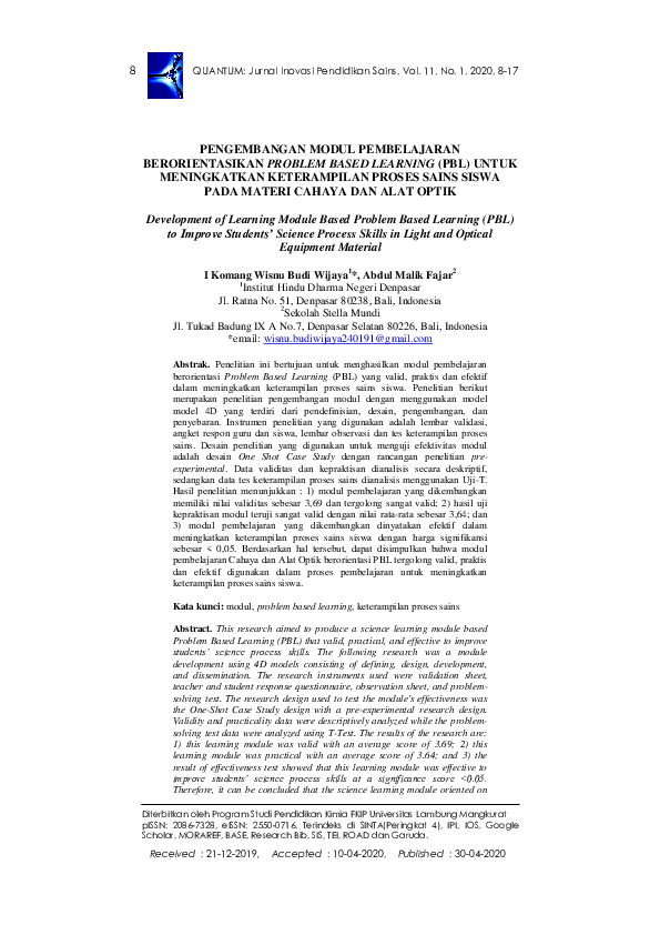 (PDF) Pengembangan Modul Pembelajaran Berorientasikan Problem Based Learning (PBL) Untuk ...