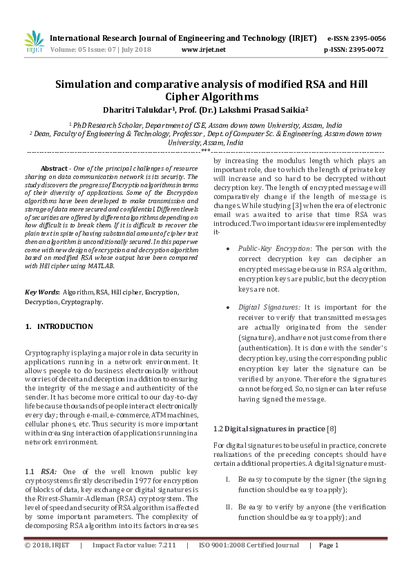 Pdf Simulation And Comparative Analysis Of Modified Rsa And Hill Cipher Algorithms
