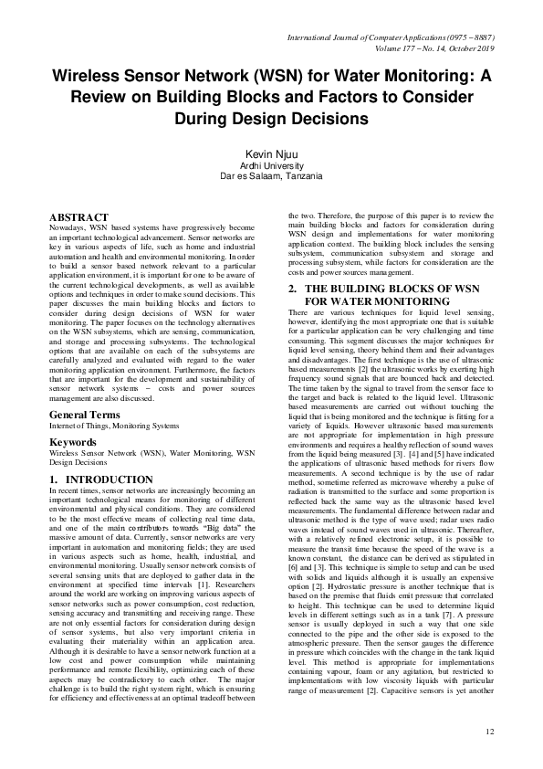(PDF) Wireless Sensor Network (WSN) for Water Monitoring: A Review on Building Blocks and ...