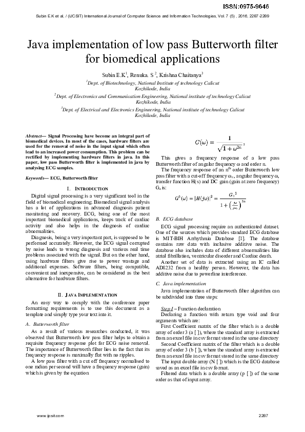 (PDF) Java implementation of low pass Butterworth filter for biomedical applications