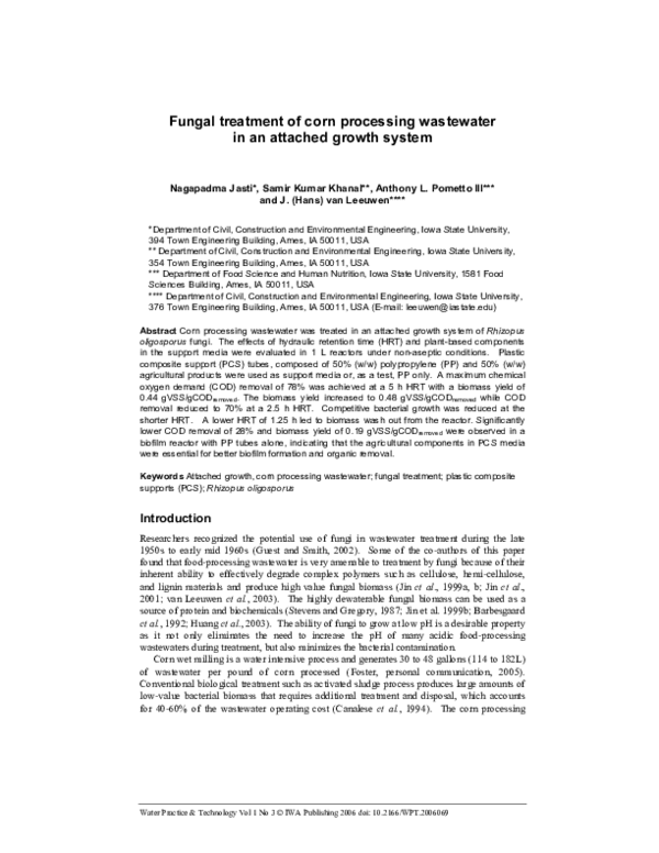 (PDF) Fungal treatment of corn processing wastewater in an attached ...