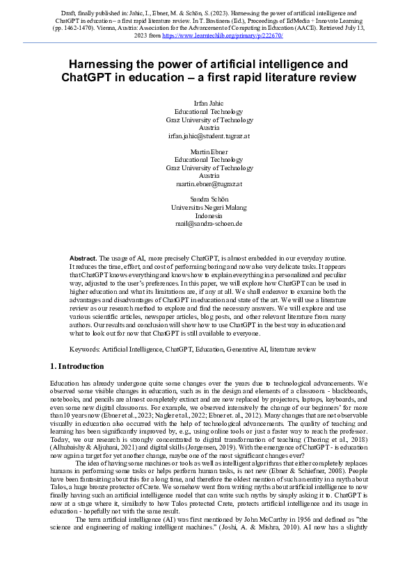 (PDF) Harnessing the power of artificial intelligence and ChatGPT in education - a first rapid ...