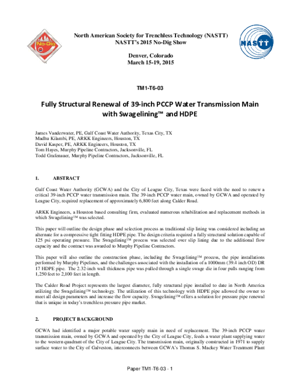 (PDF) Fully Structural Renewal of 39-inch PCCP Water Transmission Main ...