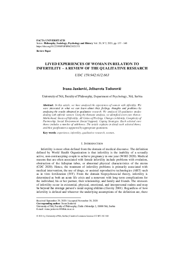 (PDF) Lived Experiences of Woman in Relation to Infertility – a Review of the Qualitative Research