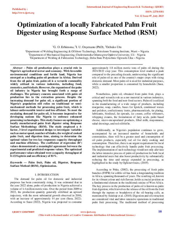 (PDF) Optimization of a locally Fabricated Palm Fruit Digester using ...