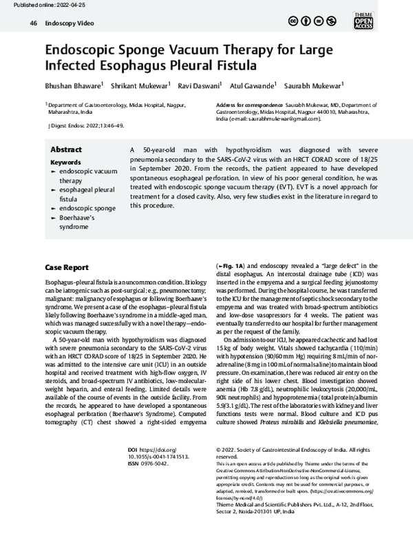 (PDF) Endoscopic Sponge Vacuum Therapy for Large Infected Esophagus ...