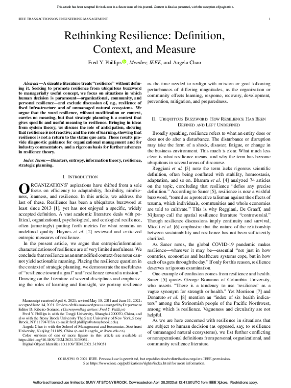 (PDF) Rethinking Resilience: Definition, Context, and Measure