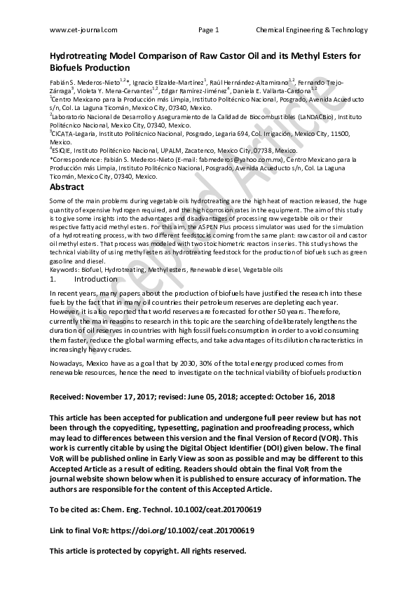 (PDF) Hydrotreating Model Comparison of Raw Castor Oil and its Methyl ...