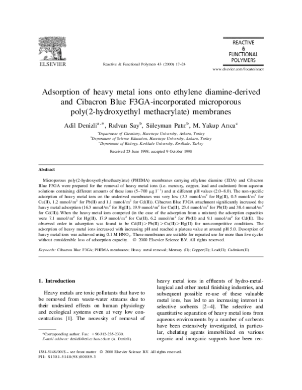(PDF) Adsorption of heavy metal ions onto ethylene diamine-derived and Cibacron Blue F3GA ...