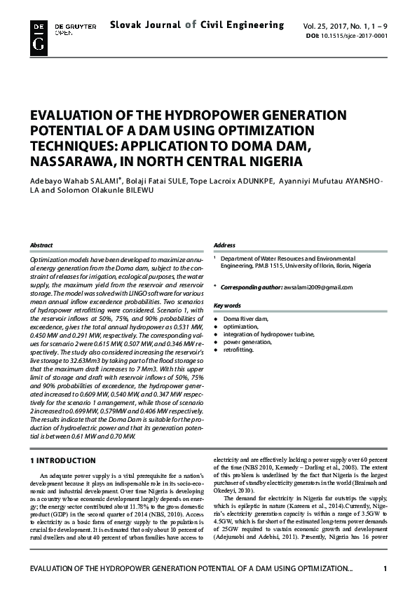 (PDF) Evaluation of the Hydropower Generation Potential of a Dam Using ...