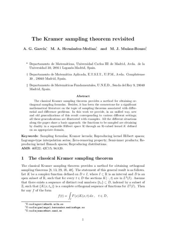 (PDF) The Kramer Sampling Theorem Revisited
