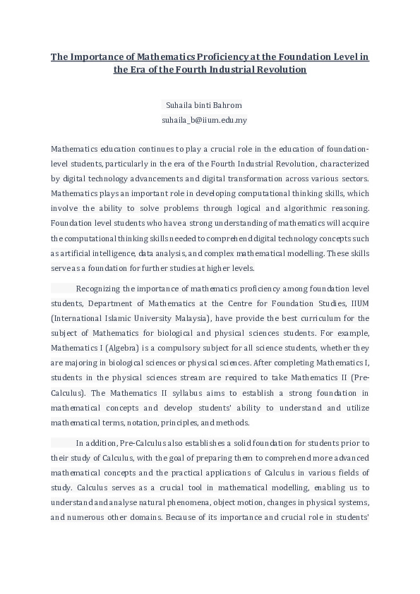 (PDF) The Importance of Mathematics Proficiency at the Foundation Level ...