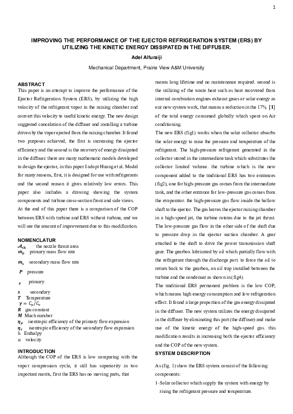 (PDF) IMPROVING THE PERFORMANCE OF THE EJECTOR REFRIGERATION SYSTEM (ERS) BY UTILIZING THE ...